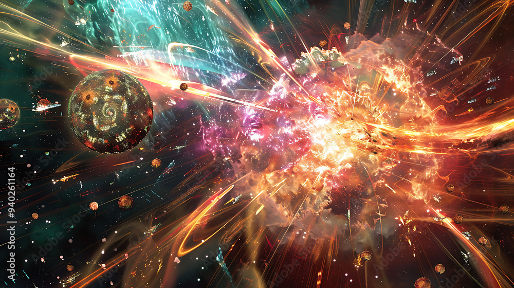 Detailed scene showing the formation of new particles from highenergy ...