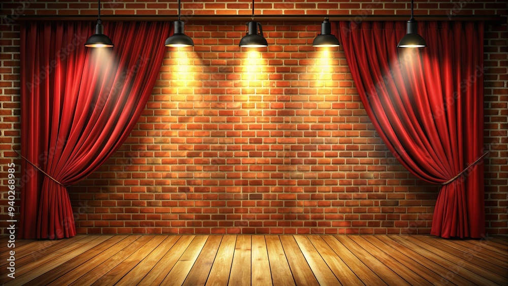 Brick wall background with spotlights framing a stage with red curtains ...