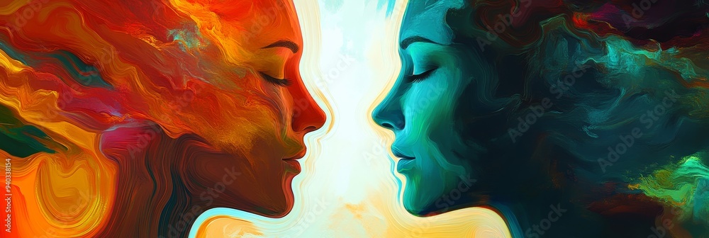 Two abstract human face profiles facing each other, one in warm colors ...