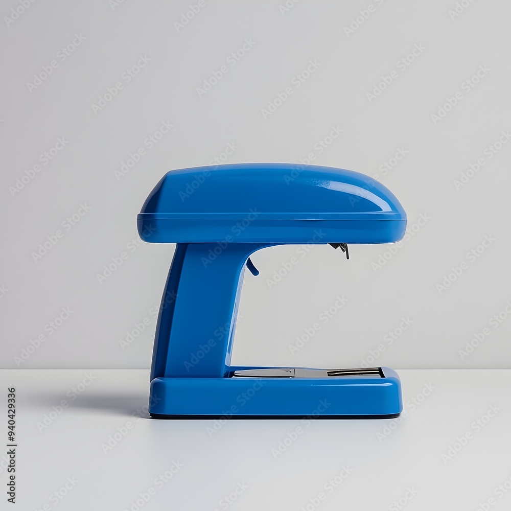 Photograph of a Blue Stapler Standing Upright at the Center of a Plain ...