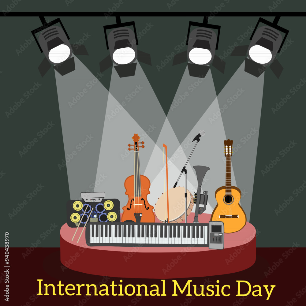 Illustration of various musical instruments on a stage with spotlight ...