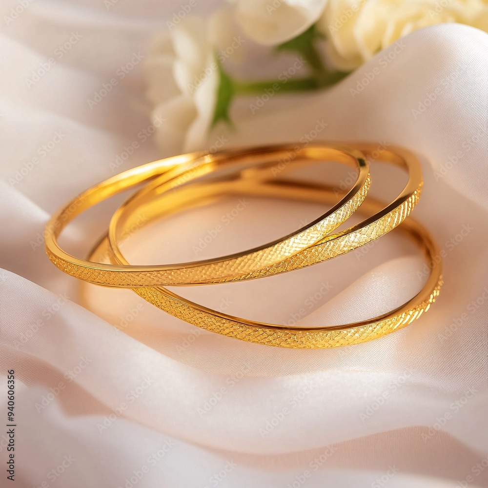 Elegant golden bangles arranged on soft fabric, showcasing intricate ...