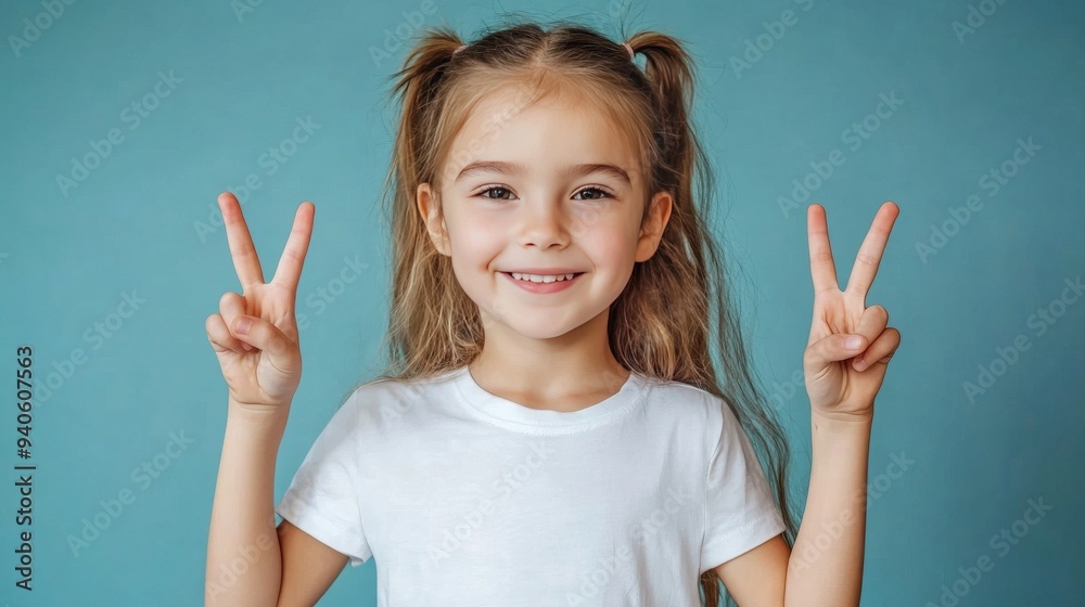 Girl smiles and shows peace sign. Stock Illustration | Adobe Stock