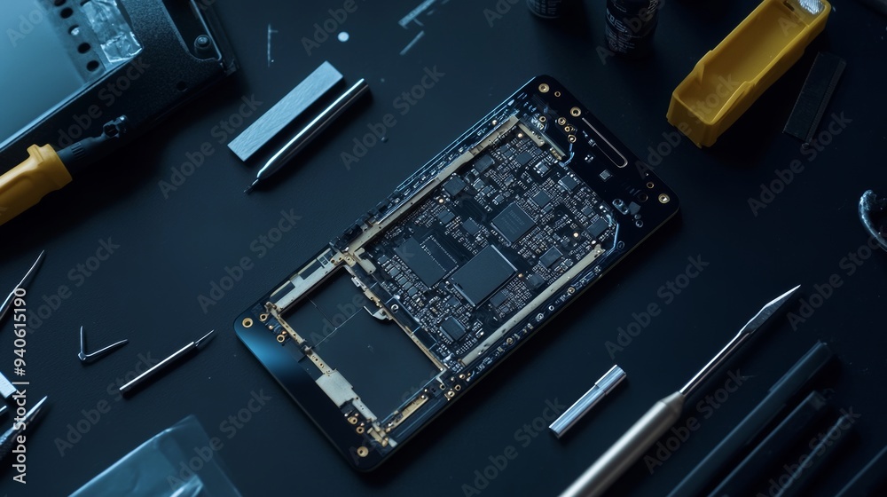 Smartphone motherboard and tools laid out on a black table, concept of ...