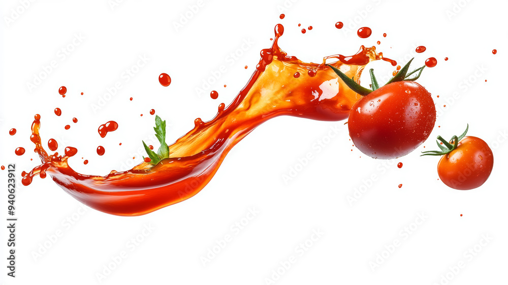 A splash of red tomato ketchup soaring through the air, isolated against a white background. The ...