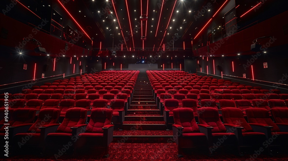 1. Empty movie theater, rows of red velvet seats, dim lighting, dark ...