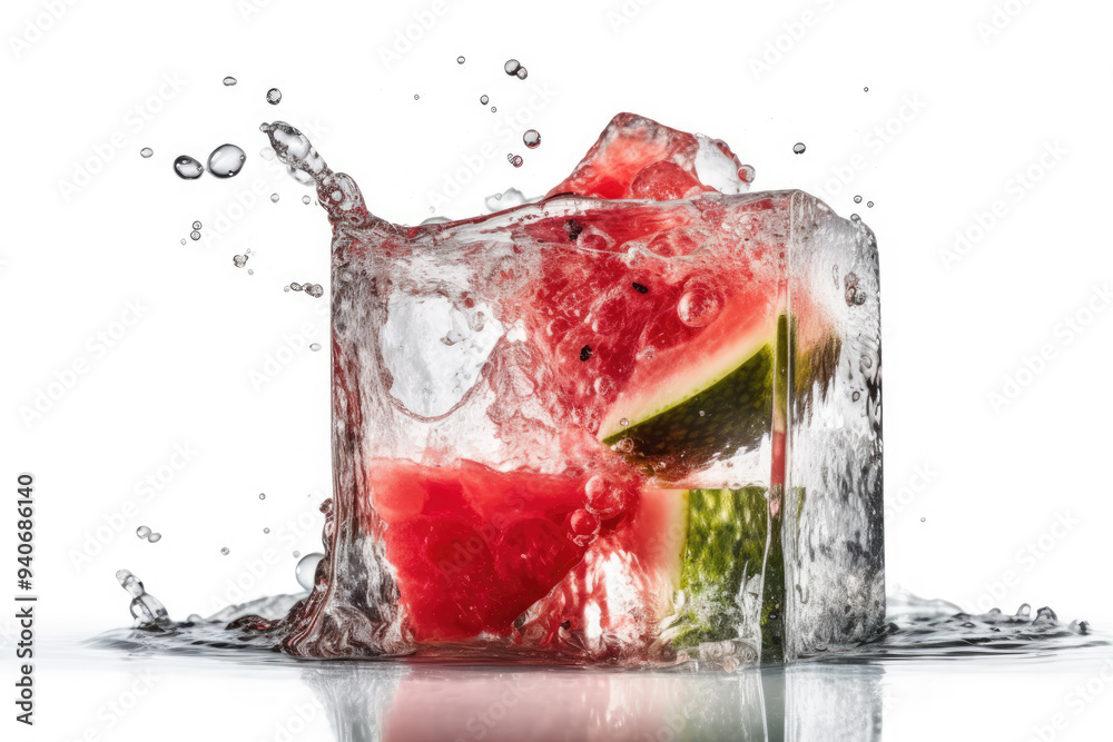 Watermelon in Water Splash Under Ice Cubes A Refreshing and Vibrant Display Capturing the Juicy ...