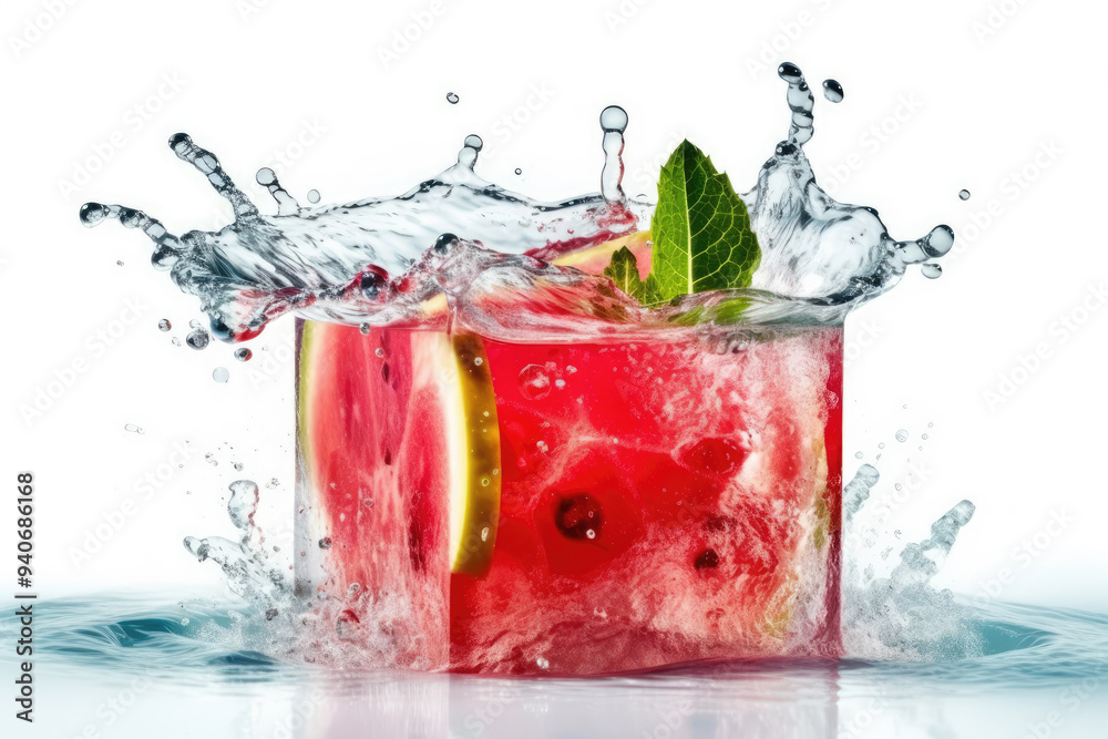 Watermelon in Water Splash Under Ice Cubes A Refreshing and Vibrant Display Capturing the Juicy ...