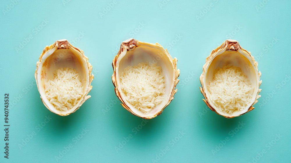 Indian sea rice is artfully arranged in three empty halves of shells on ...