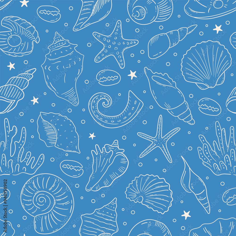 Seamless vector pattern with hand drawn sea shells, conch, tentacle ...