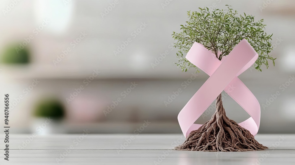 Pink ribbon shaped as a tree with deep roots, Breast Cancer Awareness ...