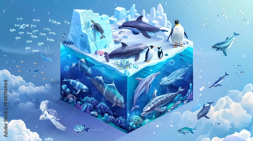 A isometric cube profile map of the ocean, featuring marine animals ...