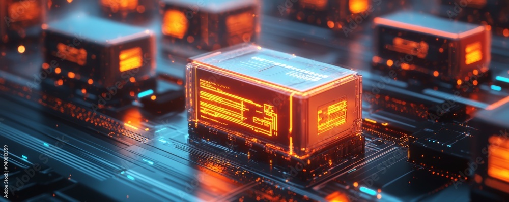 Futuristic digital technology concept featuring glowing boxes on a ...
