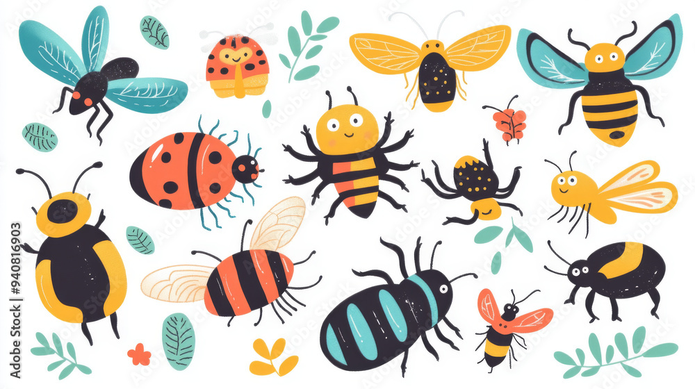 Vector cartoon collection of colorful bugs and insects, including ...
