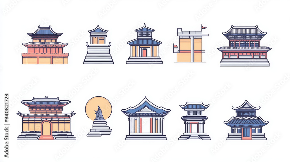 Vector linear icons of Korean travel landmarks in Seoul. These include ...