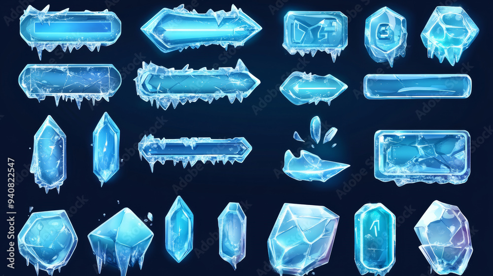 Transparent cartoon ice-themed buttons, sliders, arrows, and keys with ...