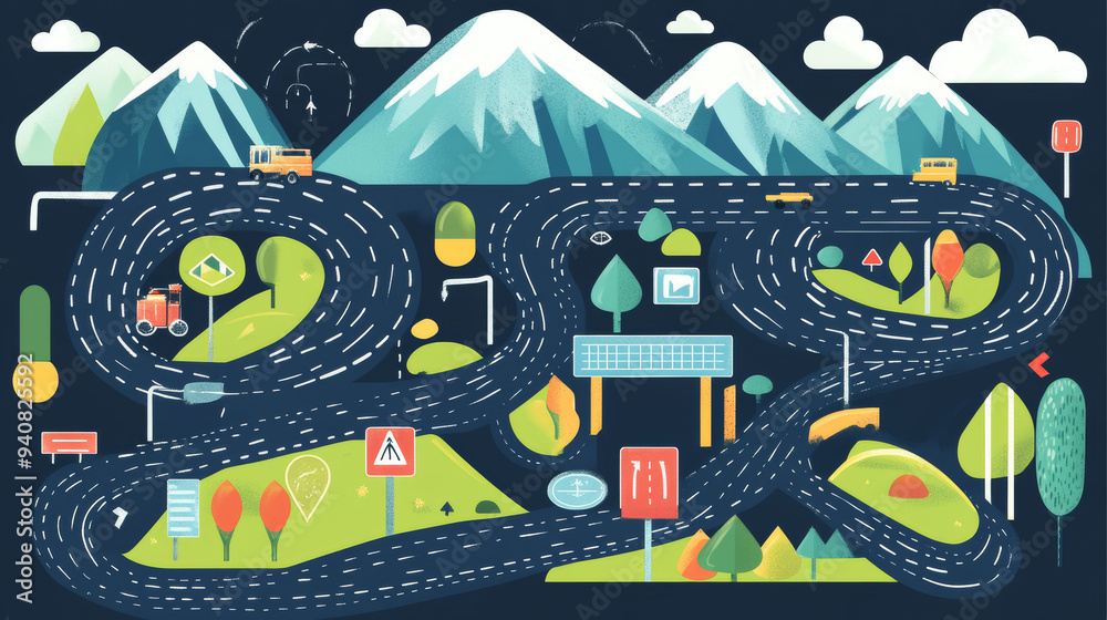 Transportation emblems and travel symbols featuring a crossroad ...