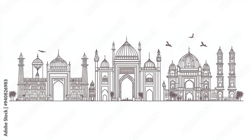 Travel landmarks of Indian architecture in thin line icons, including ...