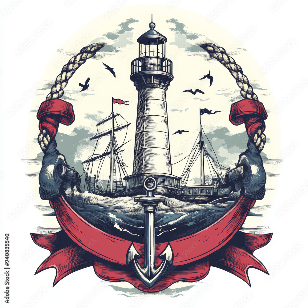 Nautical elements including anchors, sailing ships, boat ropes, a ...
