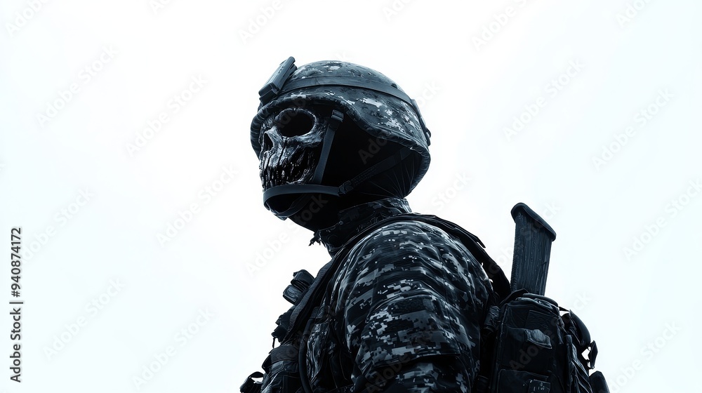 A spectral soldier in a tattered uniform, horrifying Halloween mask ...