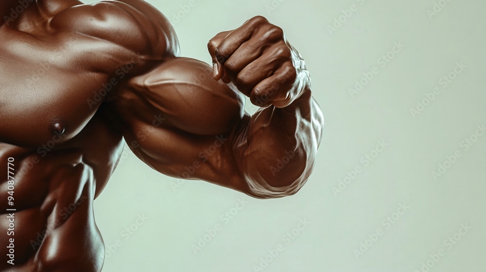 A close-up of a bodybuilder's arms flexing, highlighting the detailed ...