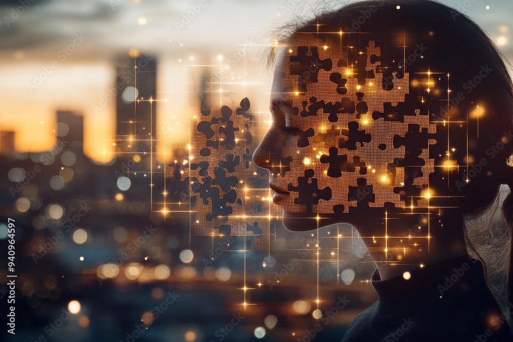 Modern digital portrait of a woman with puzzle piece overlays ...