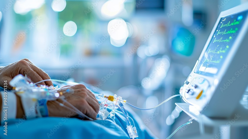 Person lying in a hospital bed with tubes connected, representing ...