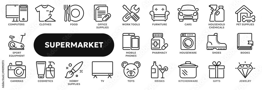 Set of vector line icons related to supermarket product categories ...