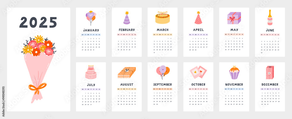 Cute calendar template for 2025 year with creative holiday illustration ...