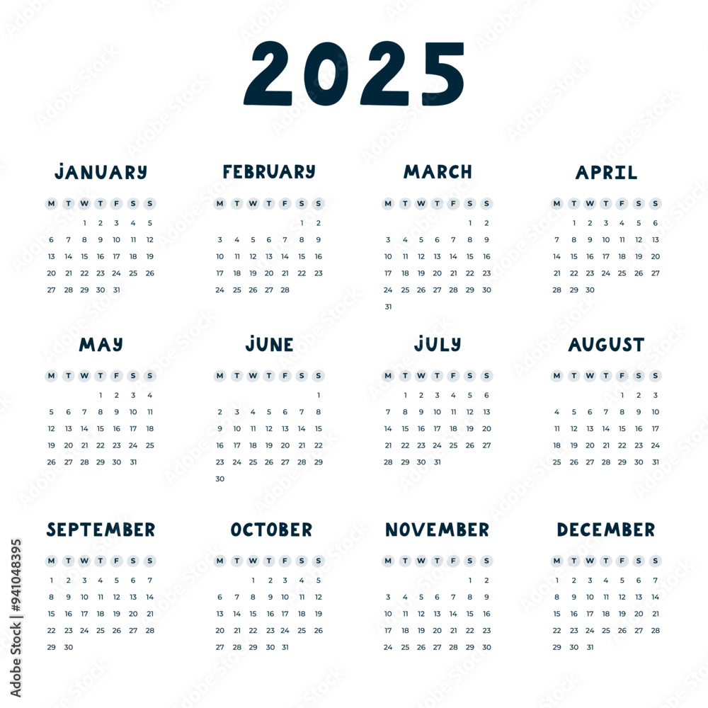 Cute minimal calendar template for 2025 year with weeks starts on ...