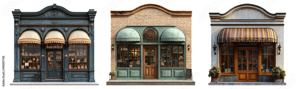 Storefronts with classic designs isolated on transparent background ...