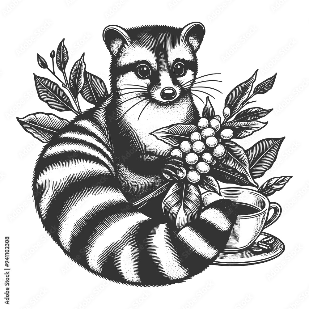 musang Asian palm civet sit on coffee tree branch with coffee cup Kopi ...