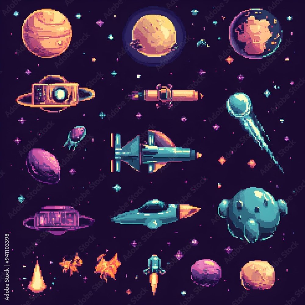 Ilustración de Stock Space Arcade game interface elements with Pixel Art icons, Planets, Ufo ...