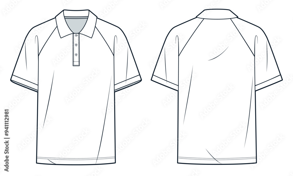 Raglan Sleeve Polo Shirt technical fashion illustration. Polo Shirt ...