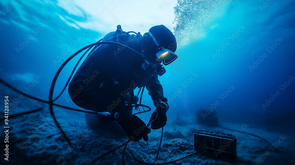 Submerged in deep waters, a professional diver works on a thick fiber ...