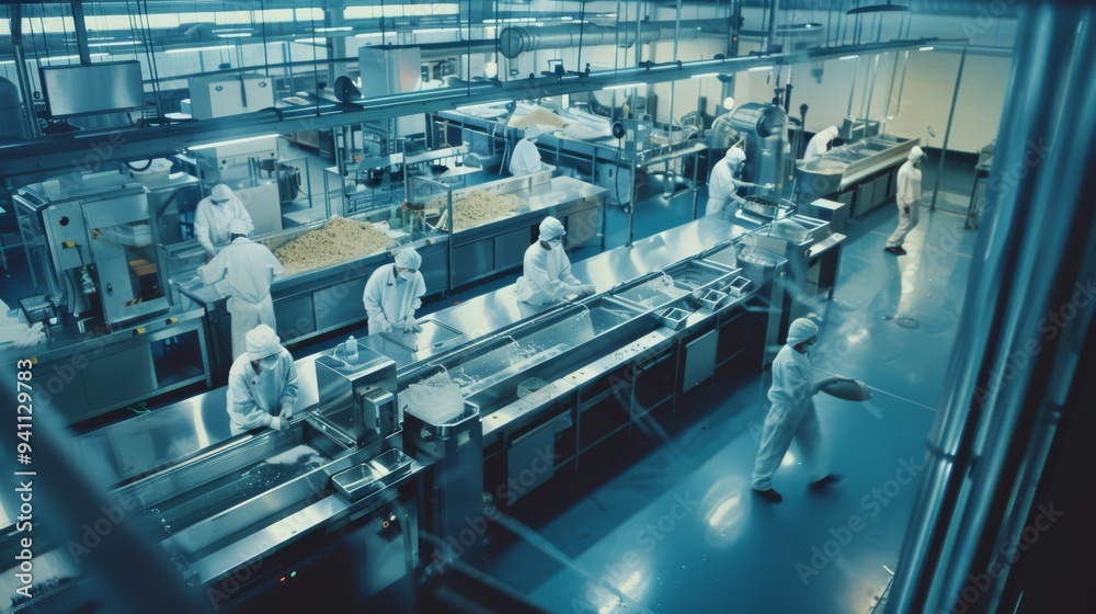 Workers in white uniforms and hairnets diligently working on a ...