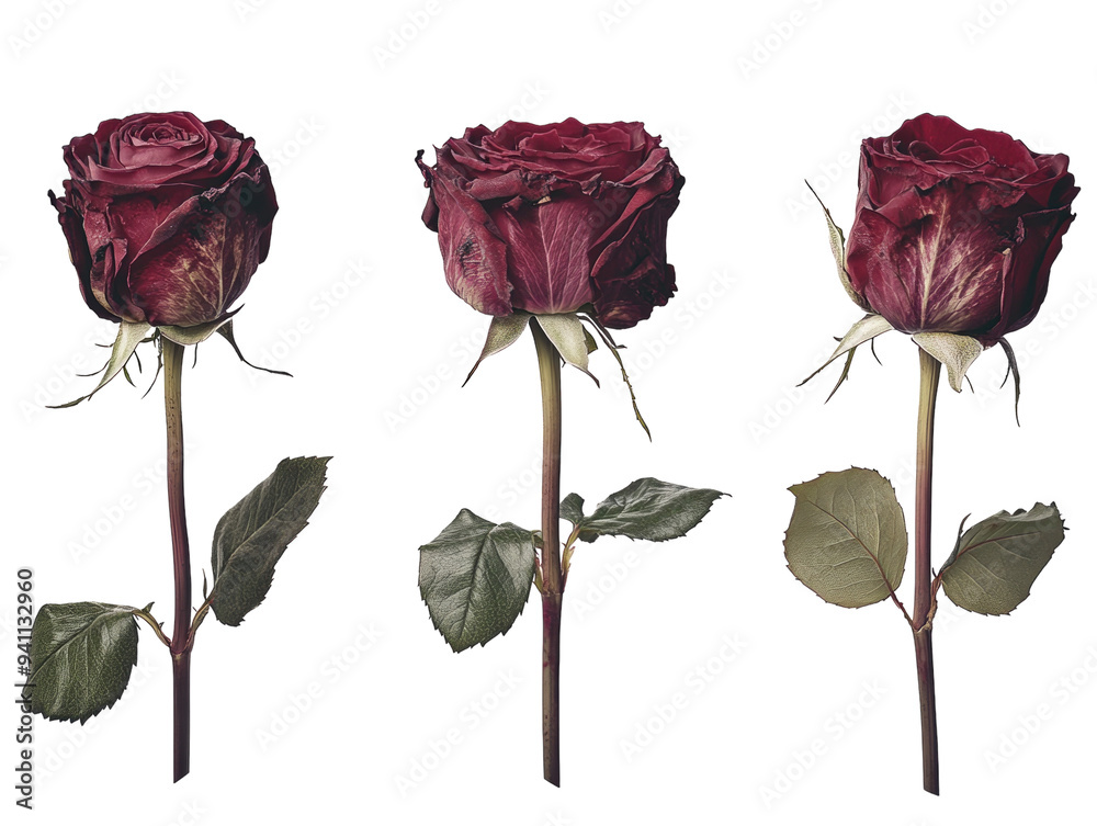Wilted red roses in various stages of decay, isolated on white ...