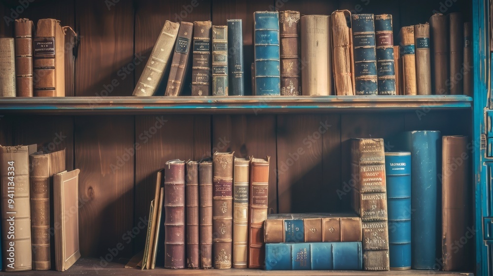 A collection of antique books fills a wooden bookshelf, showcasing ...