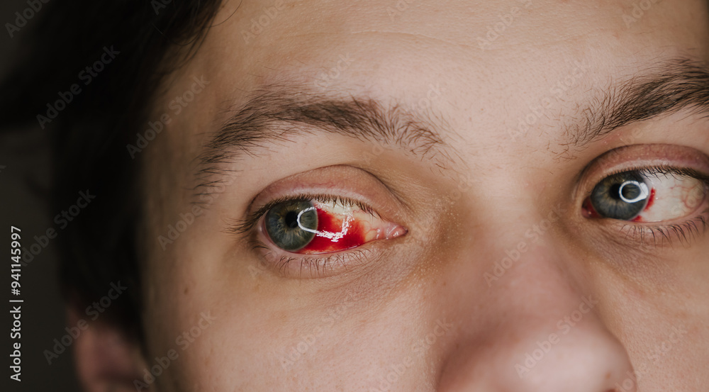 Human eye with subconjunctival hemorrhage showing visible red blood ...