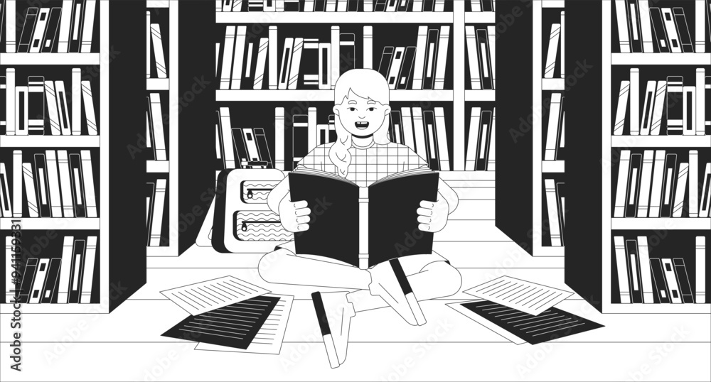 Preteen girl doing homework on library floor black and white line ...