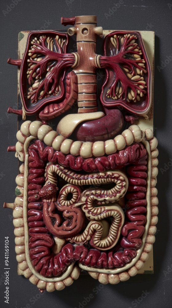An old anatomical model of human organs, focused on the ...