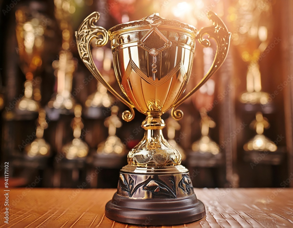 Trophy and achievement award, featuring a golden trophy cup symbolizing ...