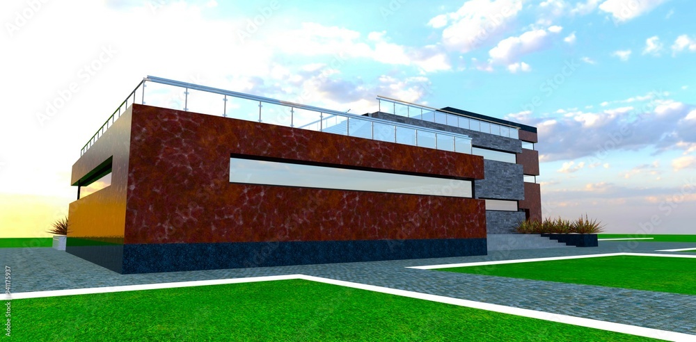 Site planning within a cottage village. Pedestrian pathways with white ...