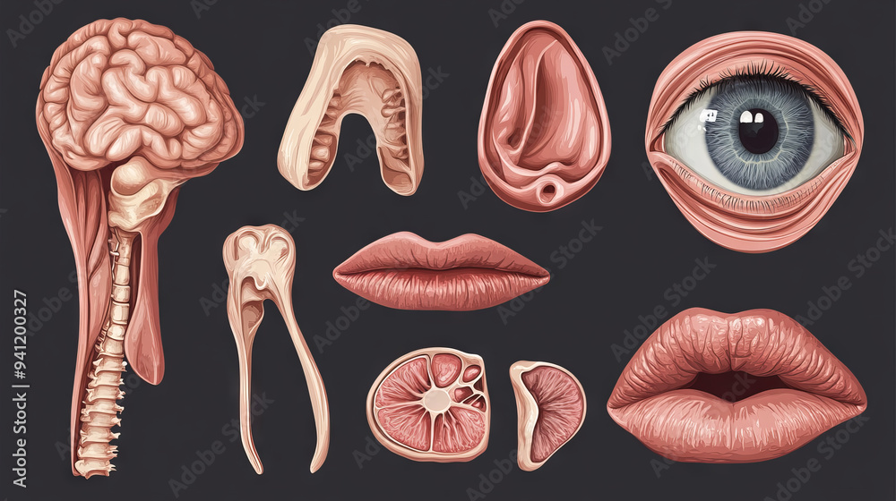 A set of realistic human sensory organs, including the eye, ear, nose ...