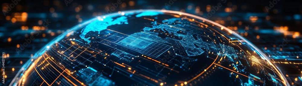 International freight forwarding, holographic globe with cargo routes ...