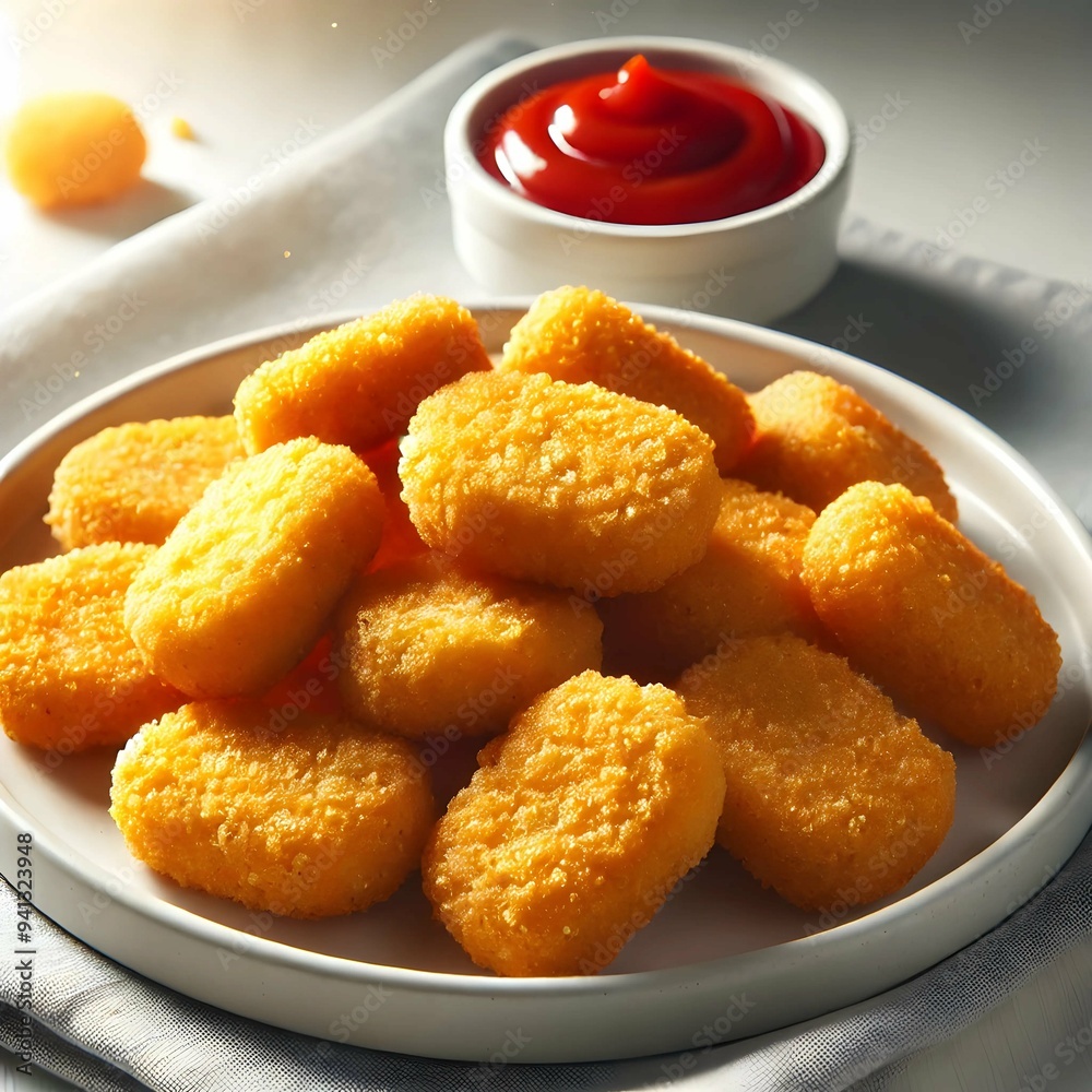 Crispy, golden chicken nuggets. Nuggets are perfectly shaped, with a ...