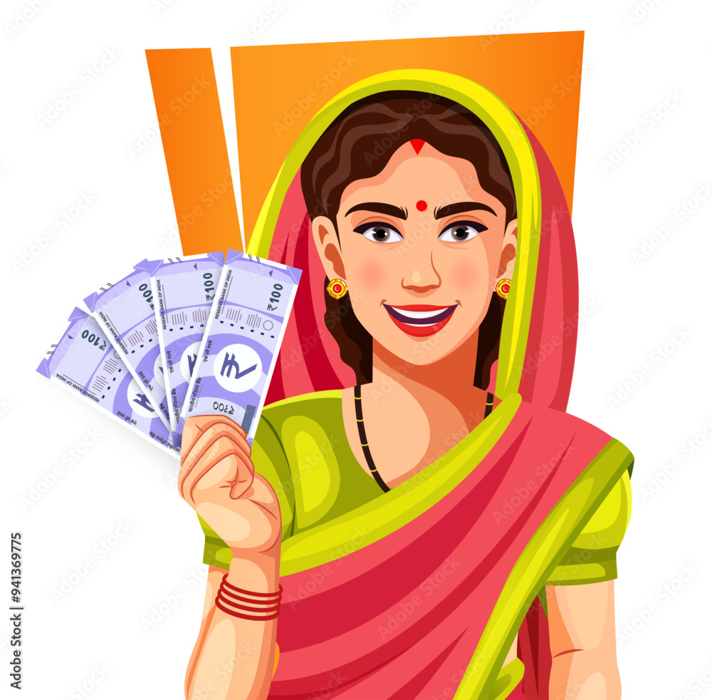 Happy Indian traditional woman in saree holding 100 Indian currency ...