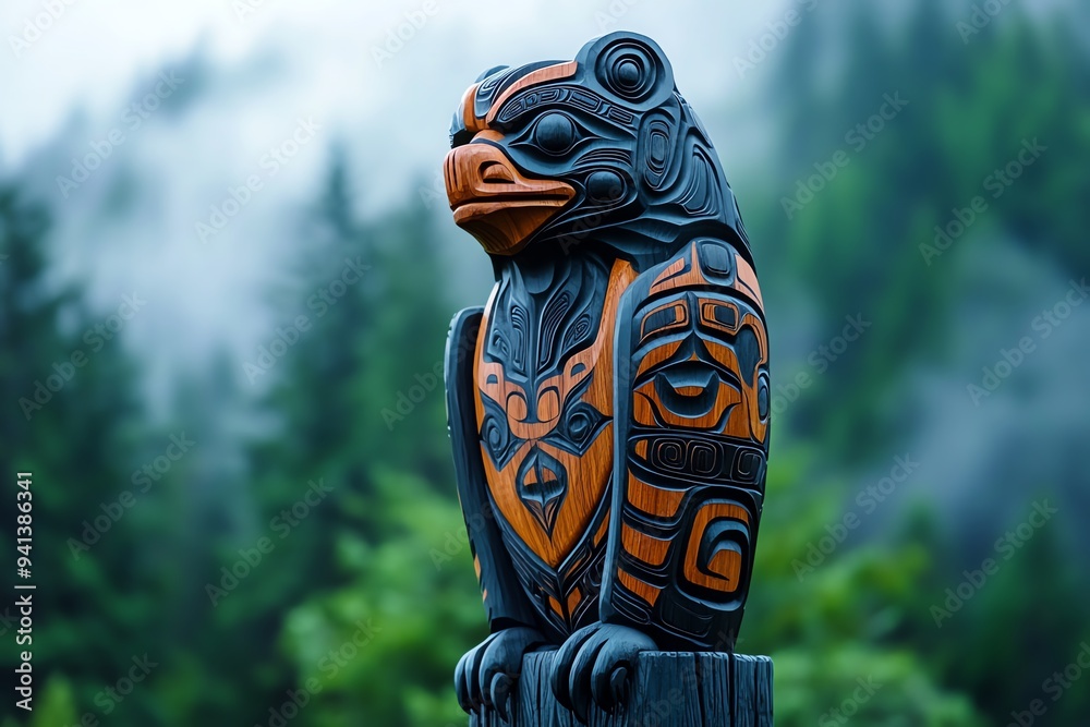 A bear totem pole carved from wood, standing tall in a misty forest ...