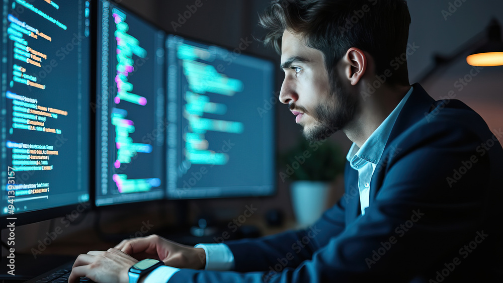 A focused coder is depicted at his workstation with several screens, working intensely on a ...