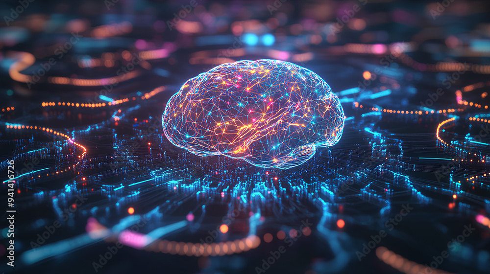 Machine learning, visualize a digital brain composed of interconnected neural networks and data ...